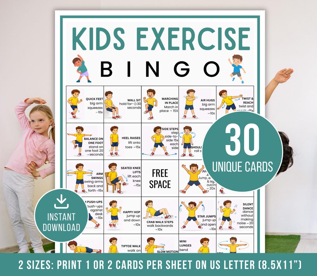 Kids Exercise Bingo, Exercise Bingo Cards, Printable Fitness Bingo Game ...
