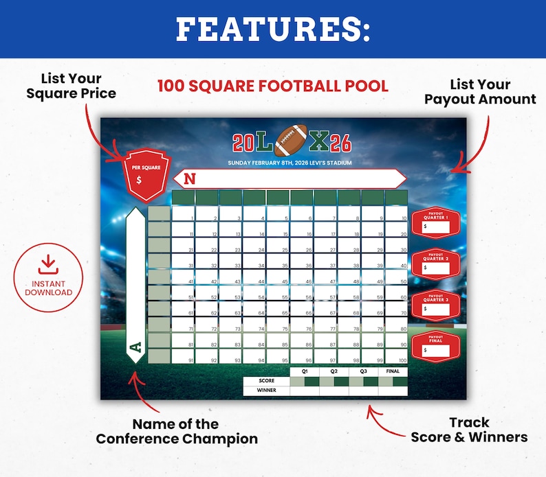 2026 Football Squares Template | Super Bowl Football Squares | Football ...