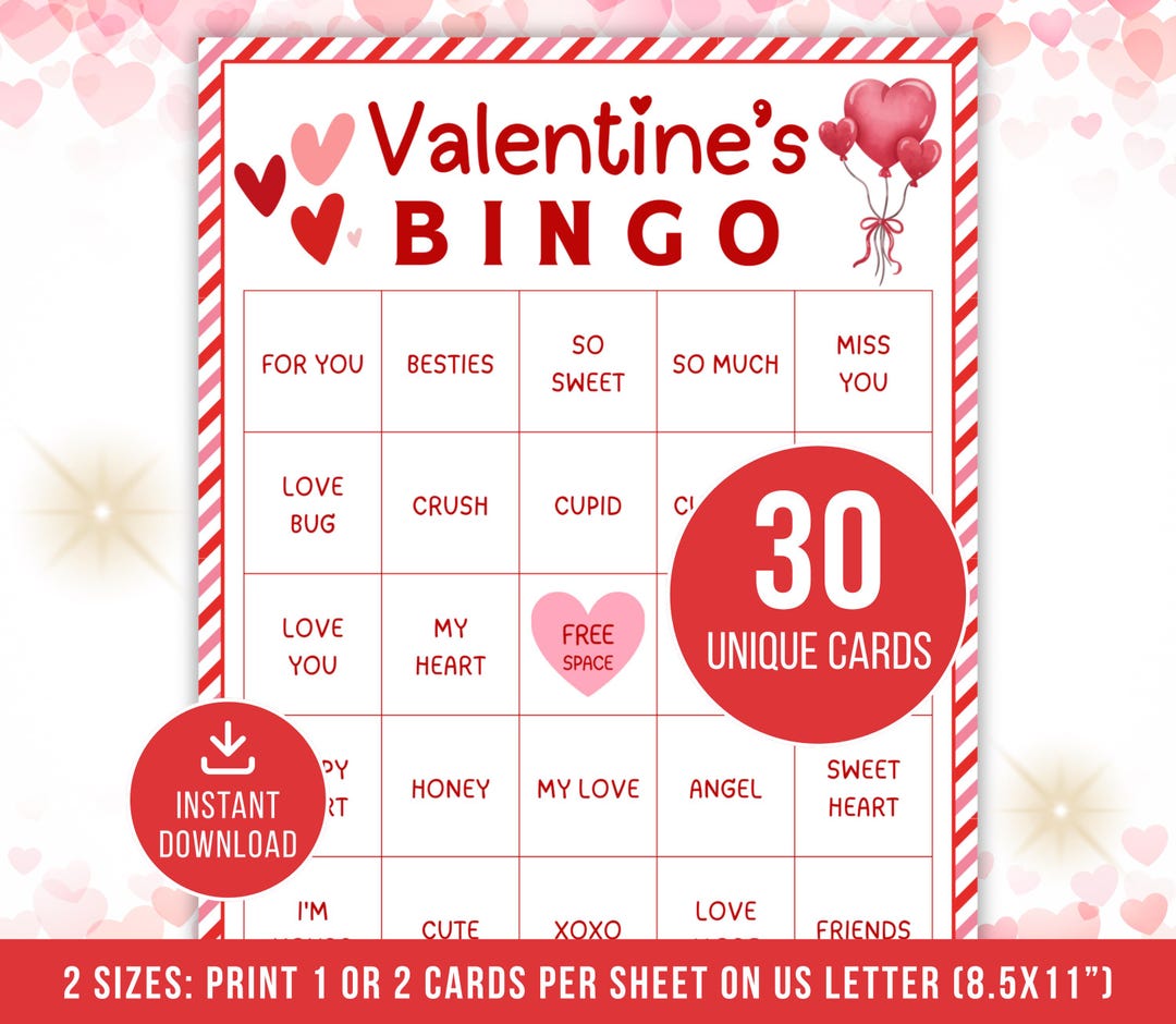 Valentine's Day Bingo Cards, Valentines Party Games for Kids Adults ...