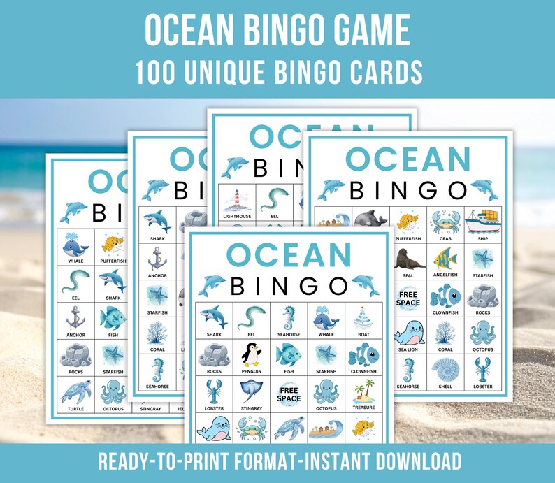 Ocean Bingo, 100 Ocean Bingo Cards, Printable Ocean Bingo, Kids Ocean ...