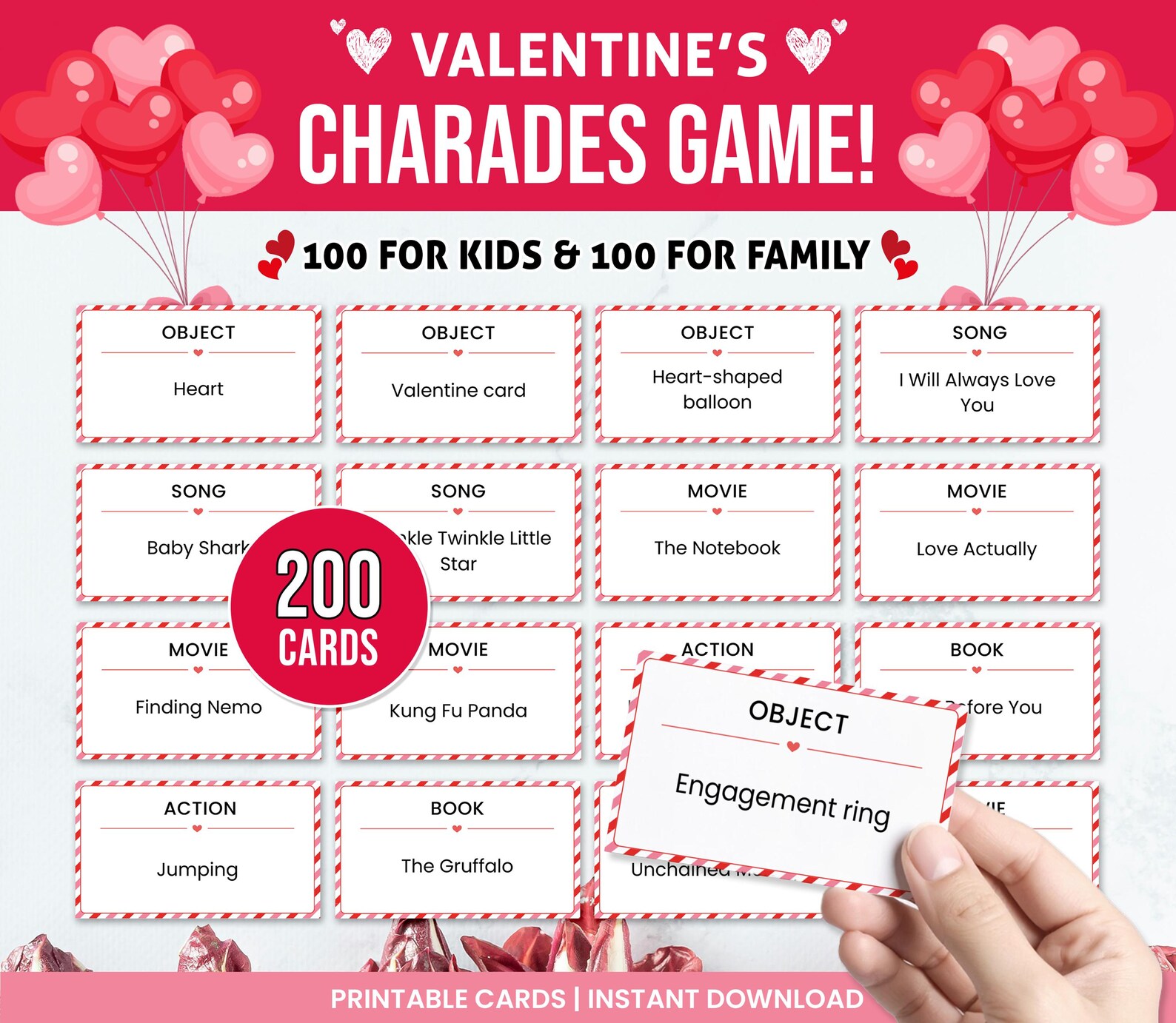 Valentine’s Day Charades Game Printable, 200 Charades Cards for Kids ...