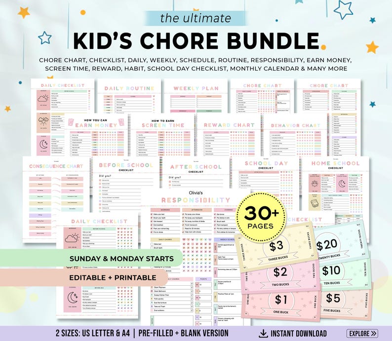 Editable Kids Chore Chart Bundle, School, Reward, Allowance, Daily ...