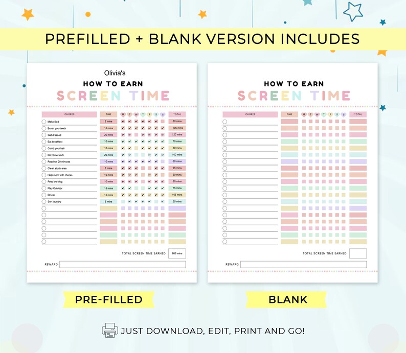 Kids Screen Time Chart, Editable Reward Chart, Screen Time Chore Chart ...