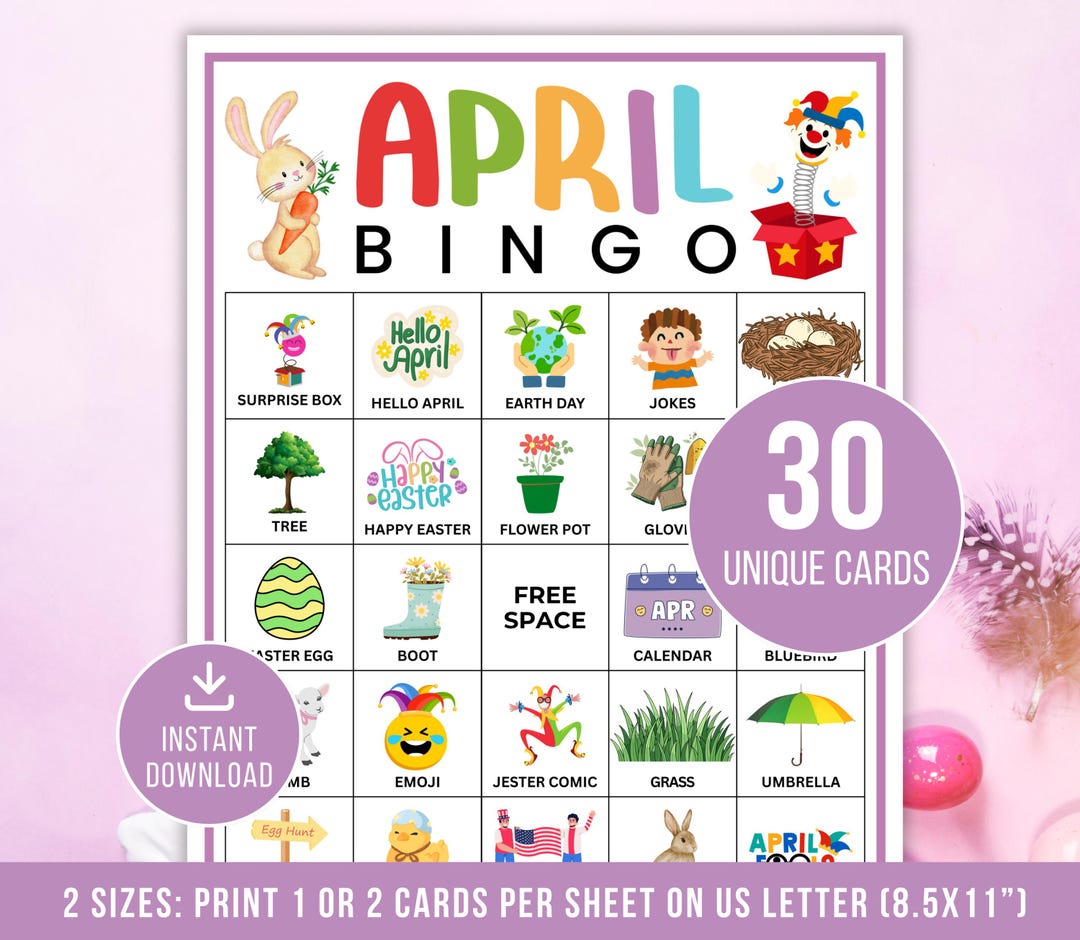 April Bingo Game, 30 April Bingo Cards, Easter Bingo Game, April Fools ...