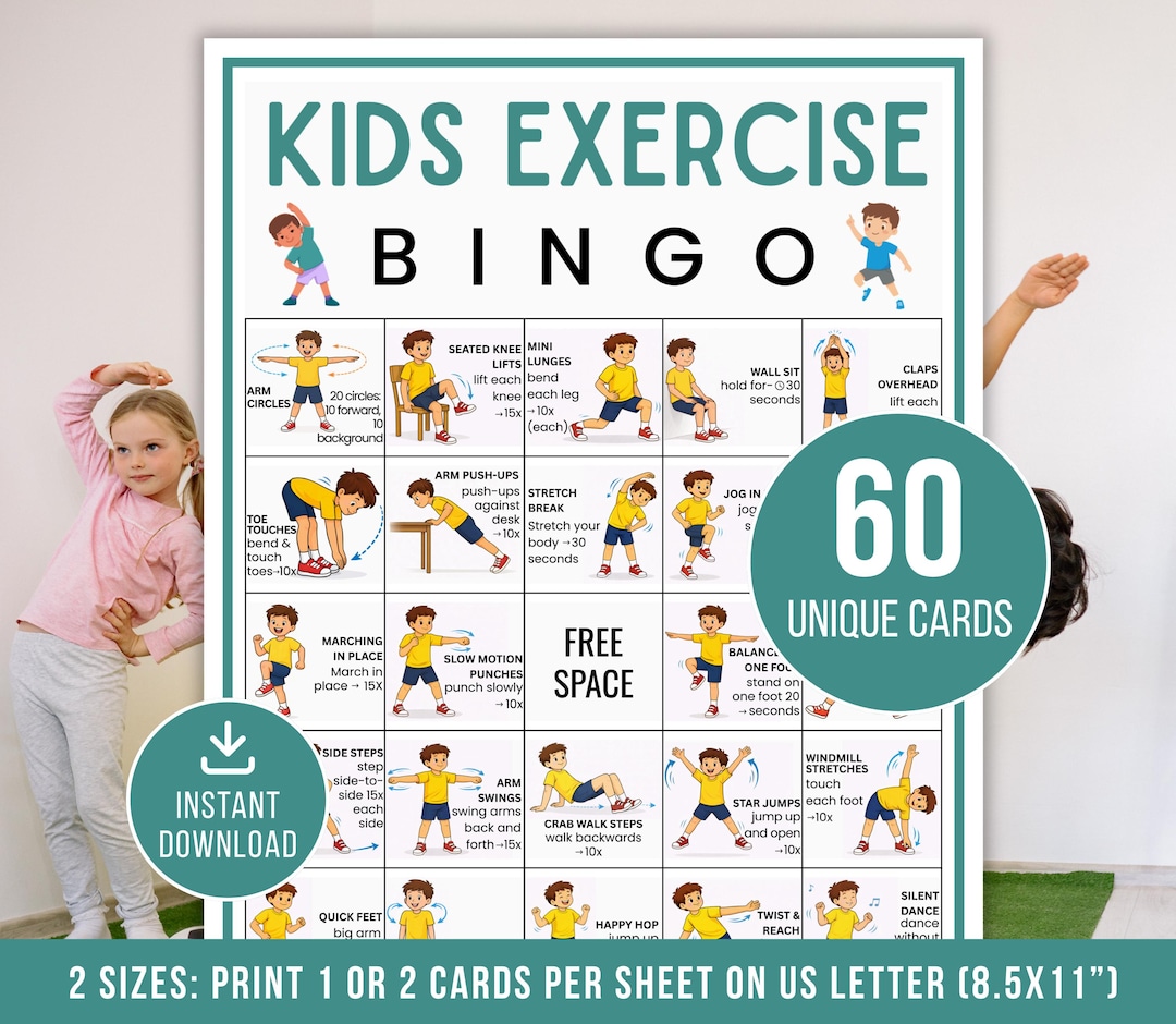 Kids Exercise Bingo, Exercise Bingo Cards, Printable Fitness Bingo Game ...