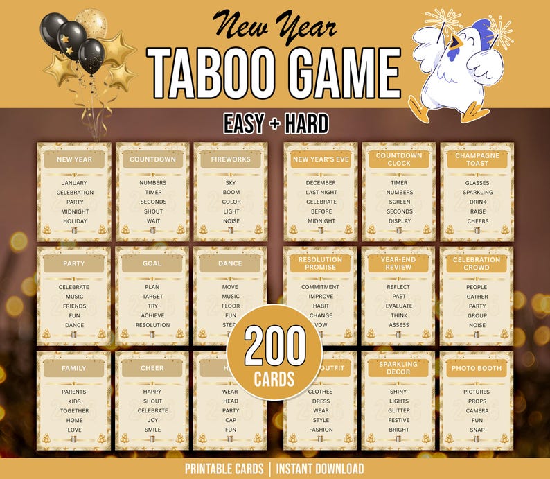 New Year Taboo Game Card, Forbidden Words Game, New Years Eve Game, Ice ...