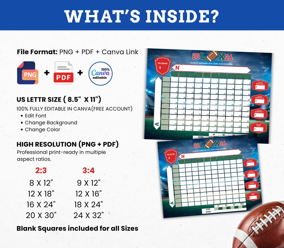 Super Big Game Football Squares Template, 2026 Square Pool Bowl, Team ...