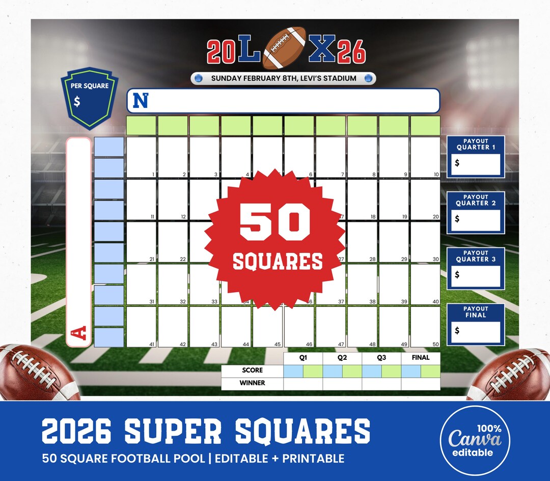 Super Big Game Football Squares, 2026 Super Big Bowl Pool, 50 Squares ...
