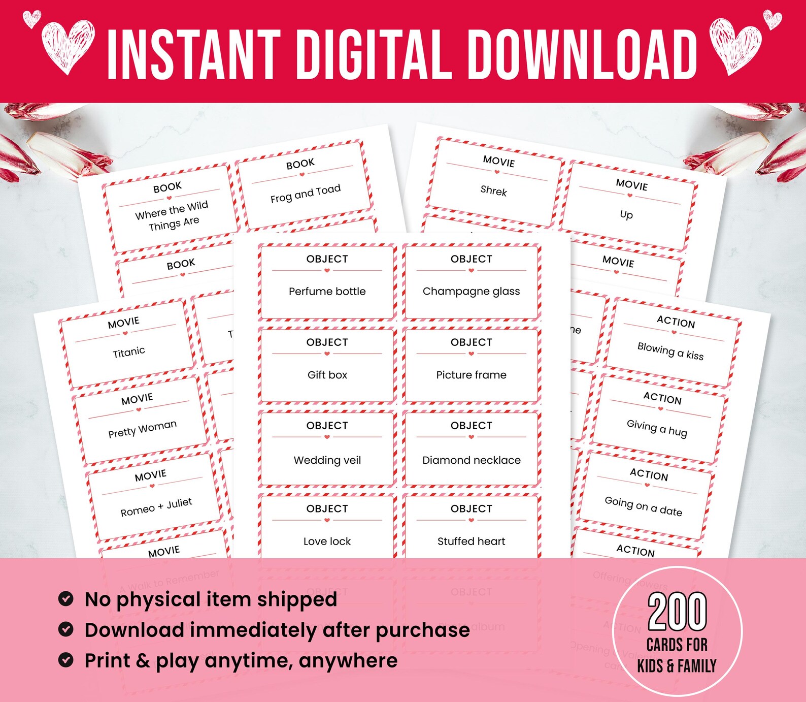 Valentine’s Day Charades Game Printable, 200 Charades Cards for Kids ...