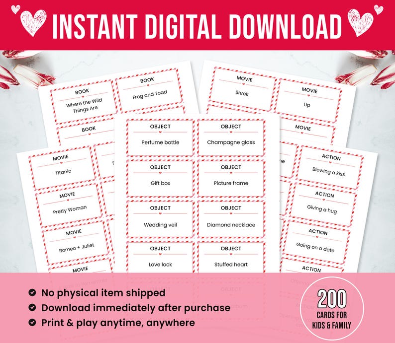 Valentine’s Day Charades Game Printable, 200 Charades Cards for Kids ...