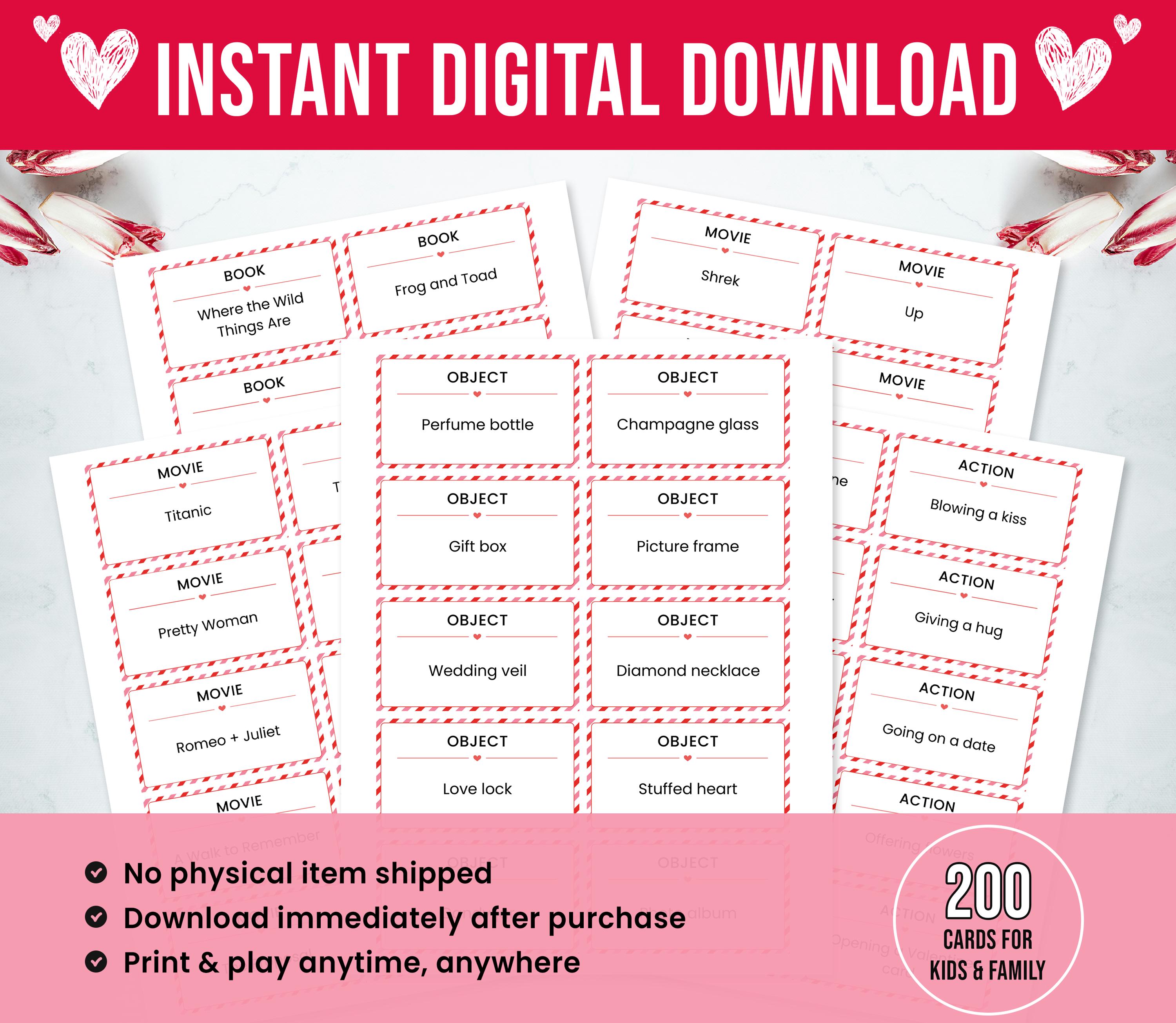 Valentine’s Day Charades Game Printable, 200 Charades Cards for Kids ...