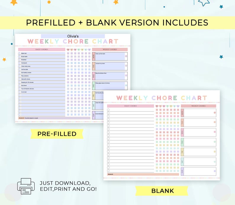 Editable Kids Weekly Chore Chart, Printable Daily Weekly Chore Chart ...