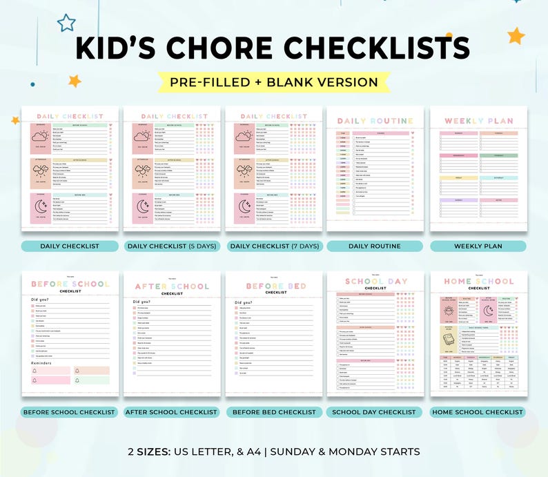 Editable Kids Chore Chart Bundle, School, Reward, Allowance, Daily ...