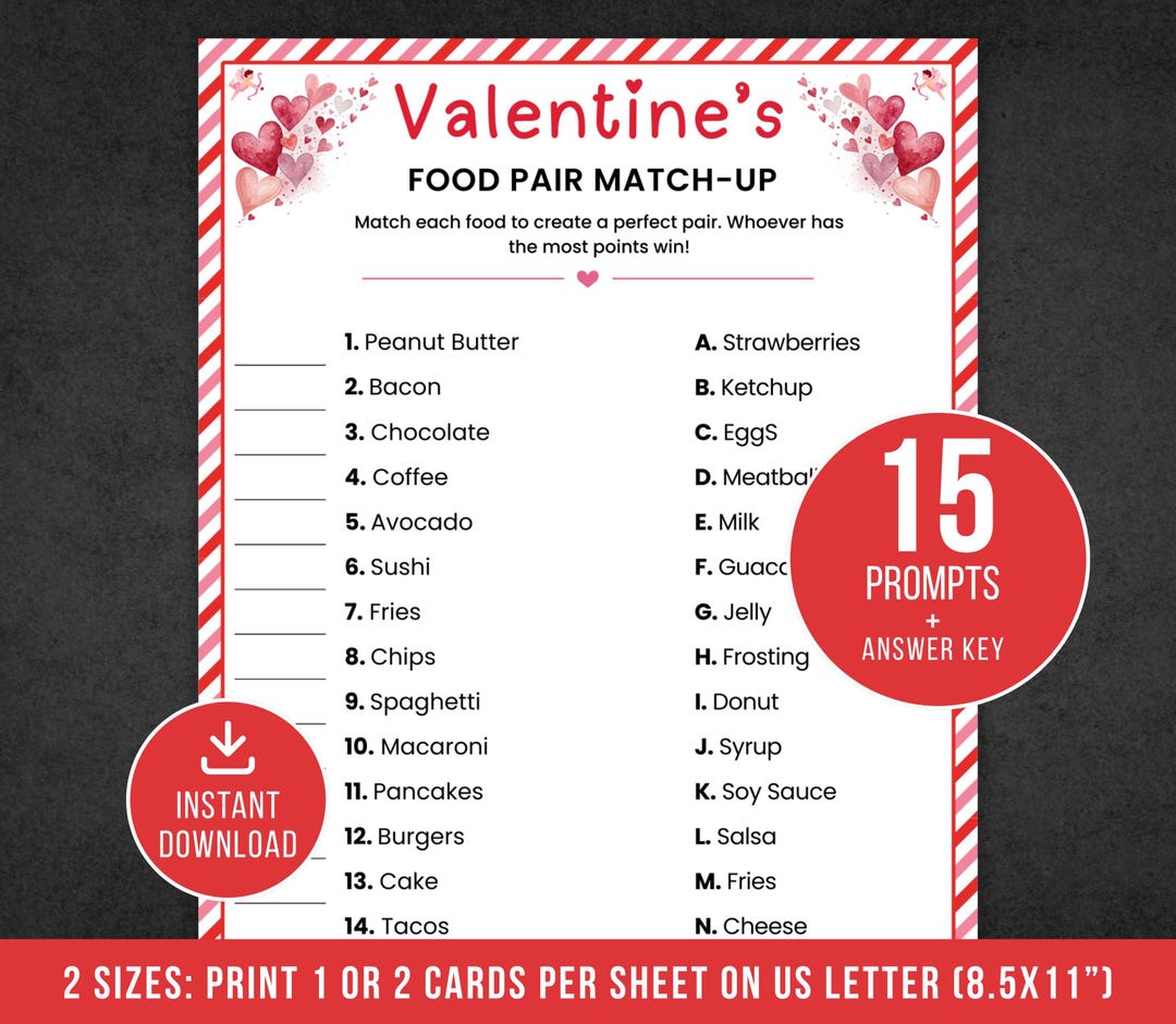 Valentine's Day Food Pairs Game, Valentines Food Match Party Activity ...