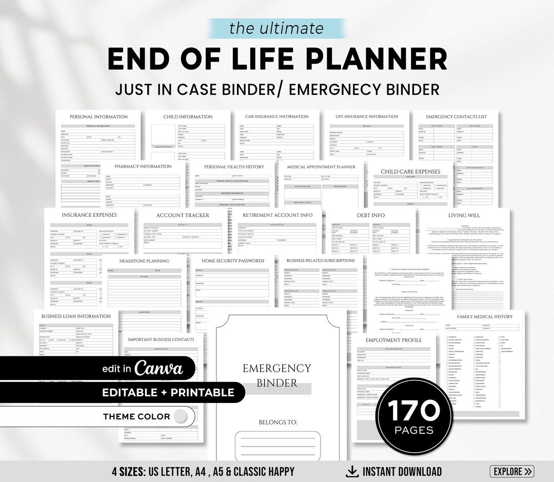 End of Life Planner, PRINTABLE Just in Case of Emergency Binder, Life ...