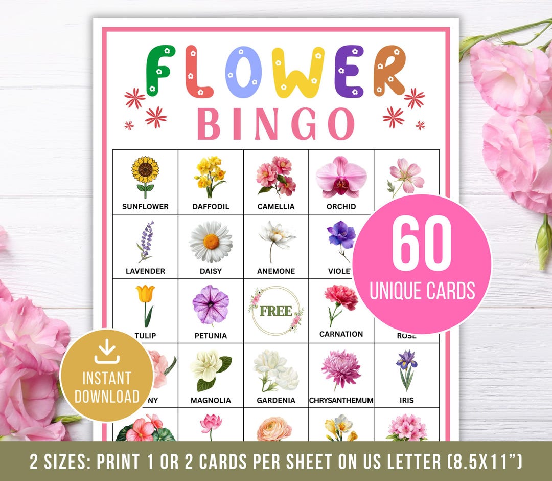 Flower Bingo, Floral Bingo Cards, 60 Printable Flower Bingo Games ...