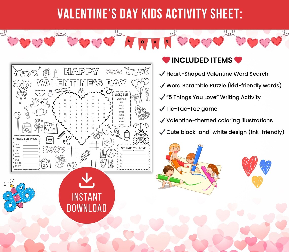 Valentine's Day Activity Sheet for Kids | Printable Valentine's Day ...