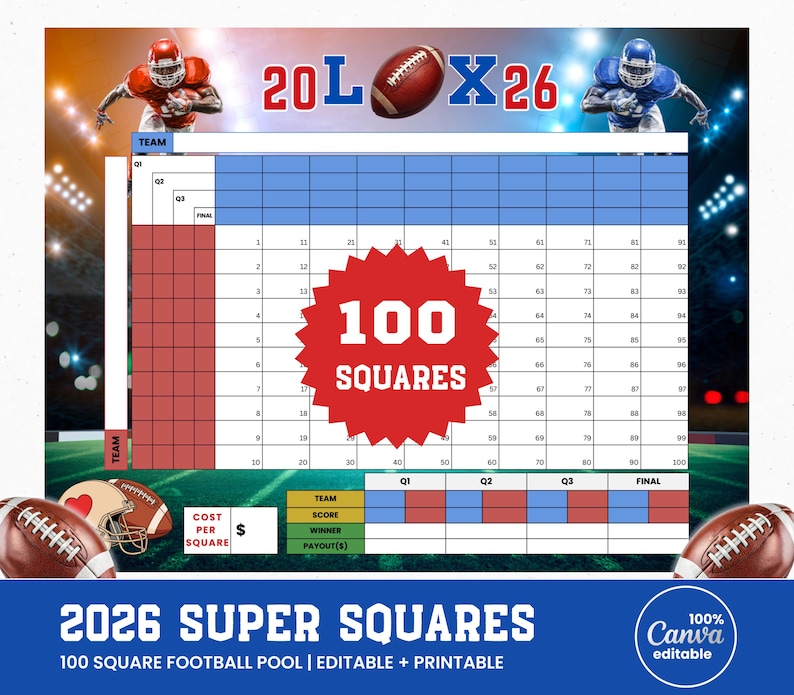 2026 Football Squares Template | 100 Football Squares Grid Pool, Big ...