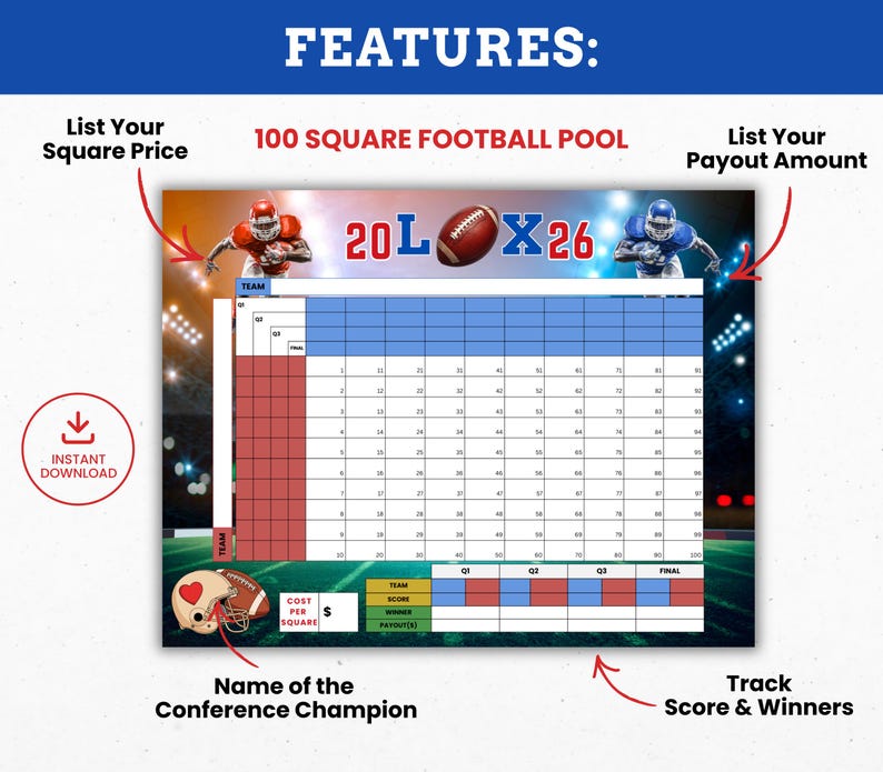 2026 Football Squares Template | 100 Football Squares Grid Pool, Big ...