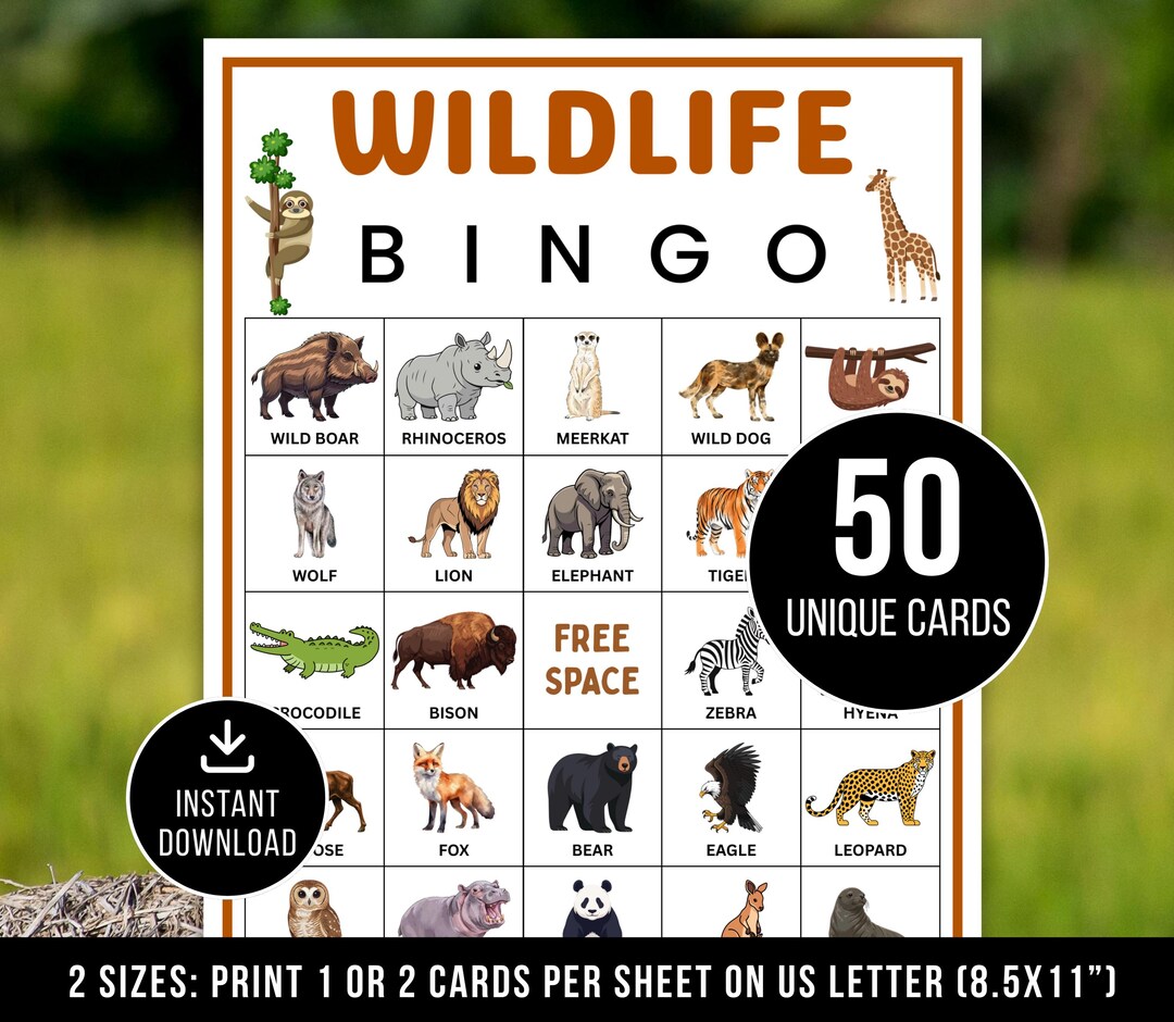 Wildlife Bingo Game, Printable Wildlife Bingo Cards, Wildlife Birthday ...