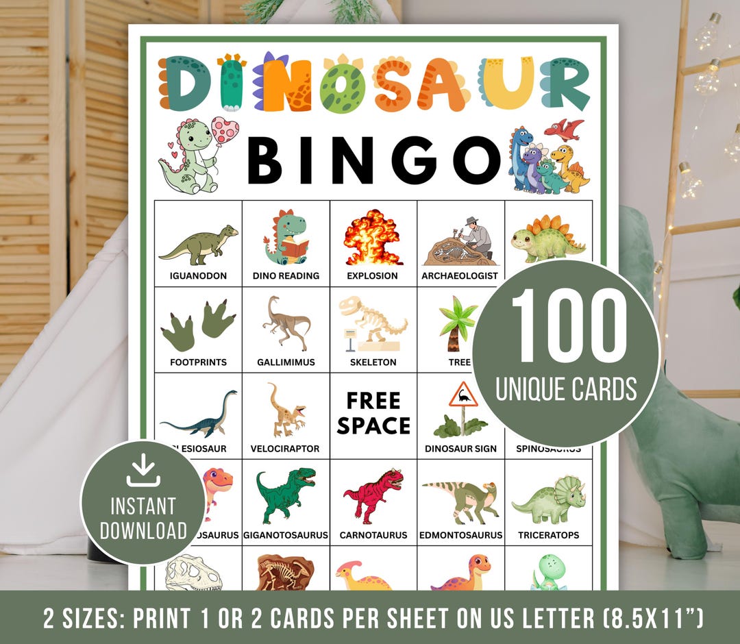 Dinosaur Bingo Cards, 100 Dinosaur Bingo Game, Printable Dinosaur ...