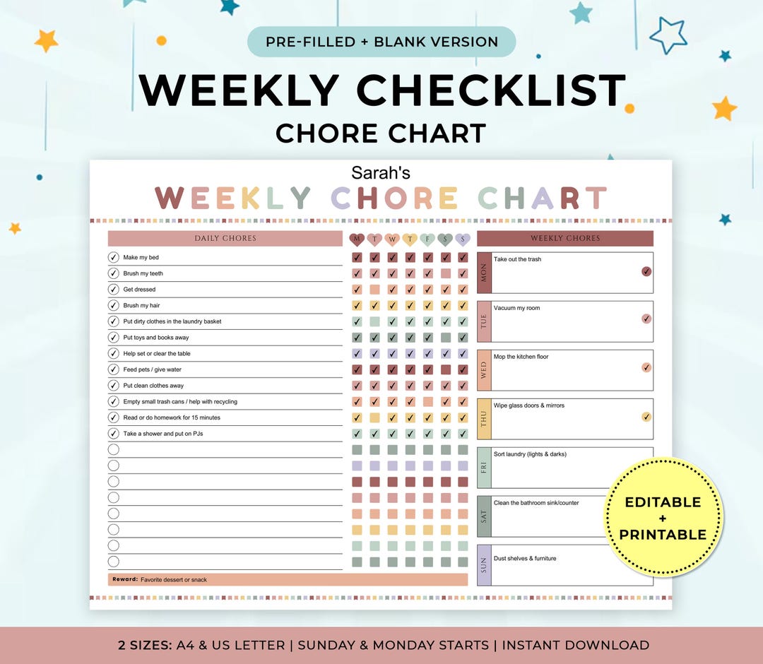 Kids Weekly Chore Chart, Printable Daily Weekly Chore Chart ...