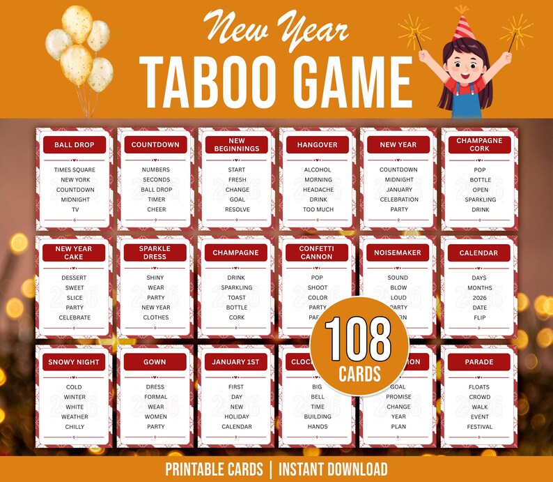 New Year's Eve Taboo Game, Holiday Party Game, Family Party Game ...