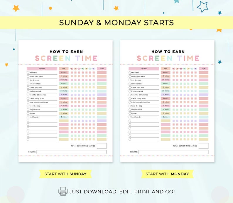 Kids Screen Time Chart, Editable Reward Chart, Screen Time Chore Chart ...