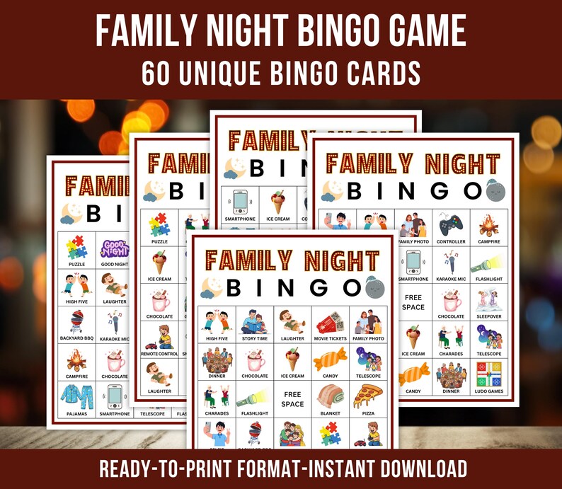 Family Night Bingo, 60 Bingo Cards Printable, Family Night Activity ...