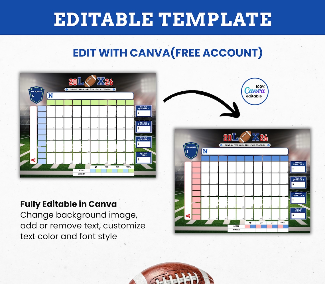 Super Big Game Football Squares, 2026 Super Big Bowl Pool, 50 Squares ...
