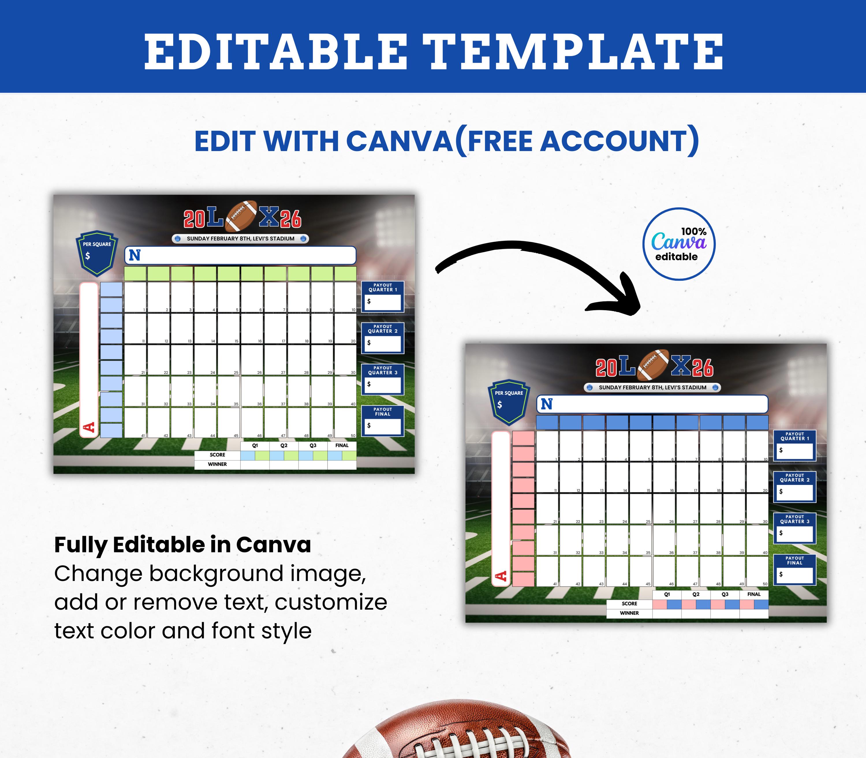 Super Big Game Football Squares, 2026 Super Big Bowl Pool, 50 Squares ...