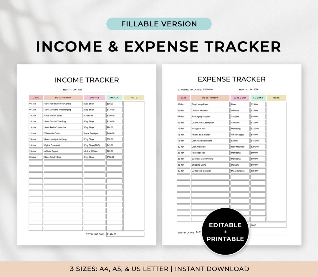 Income & Expense Tracker, Monthly Budget Planner Printable, Financial ...
