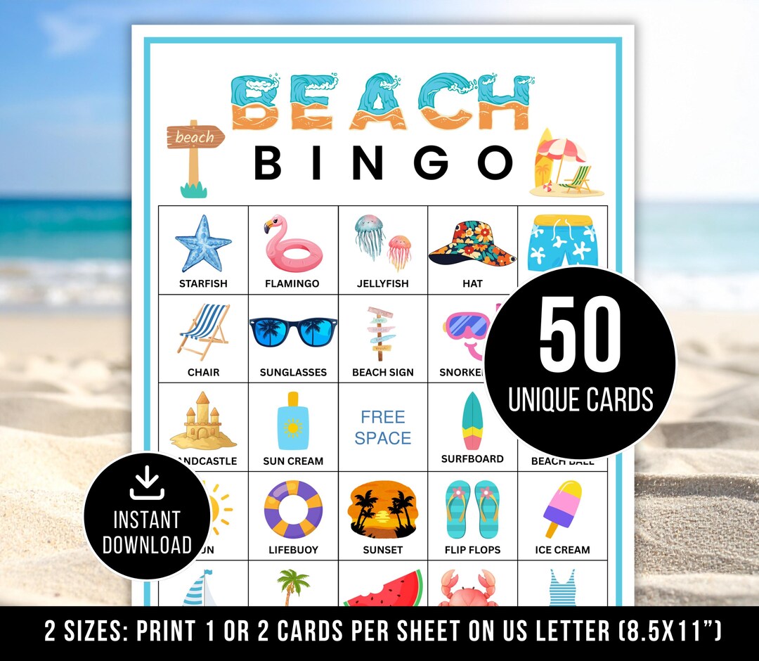 Beach Bingo, 50 Beach Day Bingo Cards, Kids Printable Bingo Game ...
