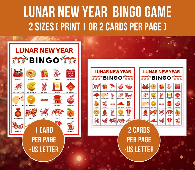 Lunar New Year Bingo, 50 Bingo Cards, Lunar New Year Bingo Cards, Lunar ...