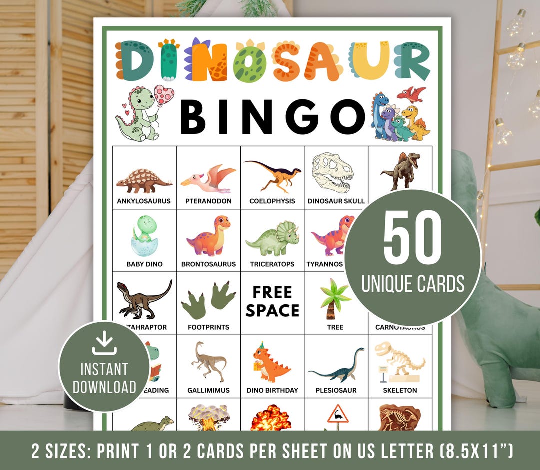 Dinosaur Bingo Cards, 50 Dinosaur Bingo Game, Printable Dinosaur ...