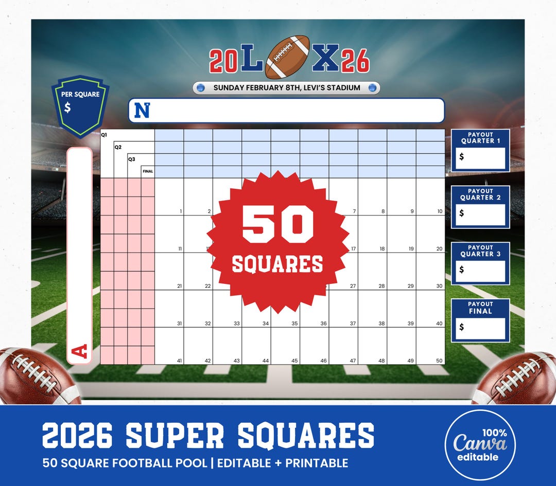 2026 Football Squares Template | 50 Grid Pool, Big Game Party (canva ...