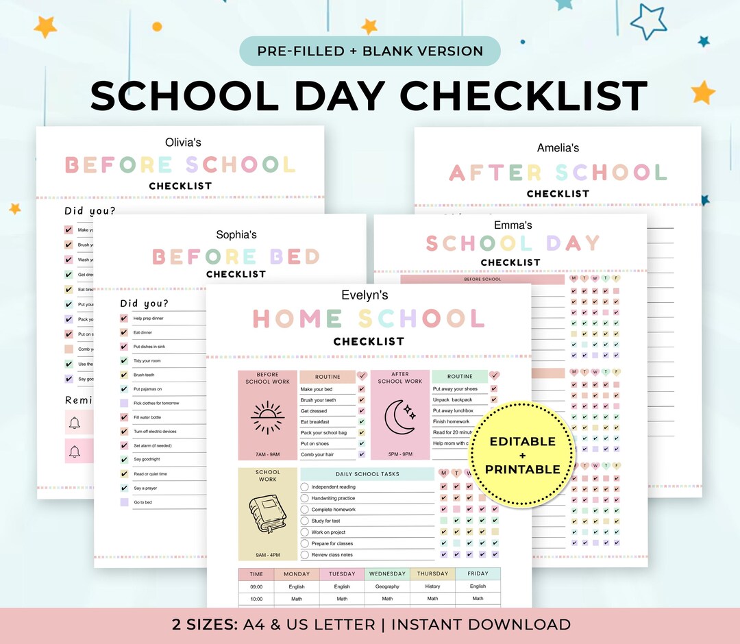 Editable Schoolday Checklist, Kids Chore Chart, Kids Responsibility ...