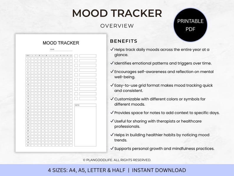 Mood Tracker Printable, Yearly Mood Journal, Emotion Tracker, Mood ...