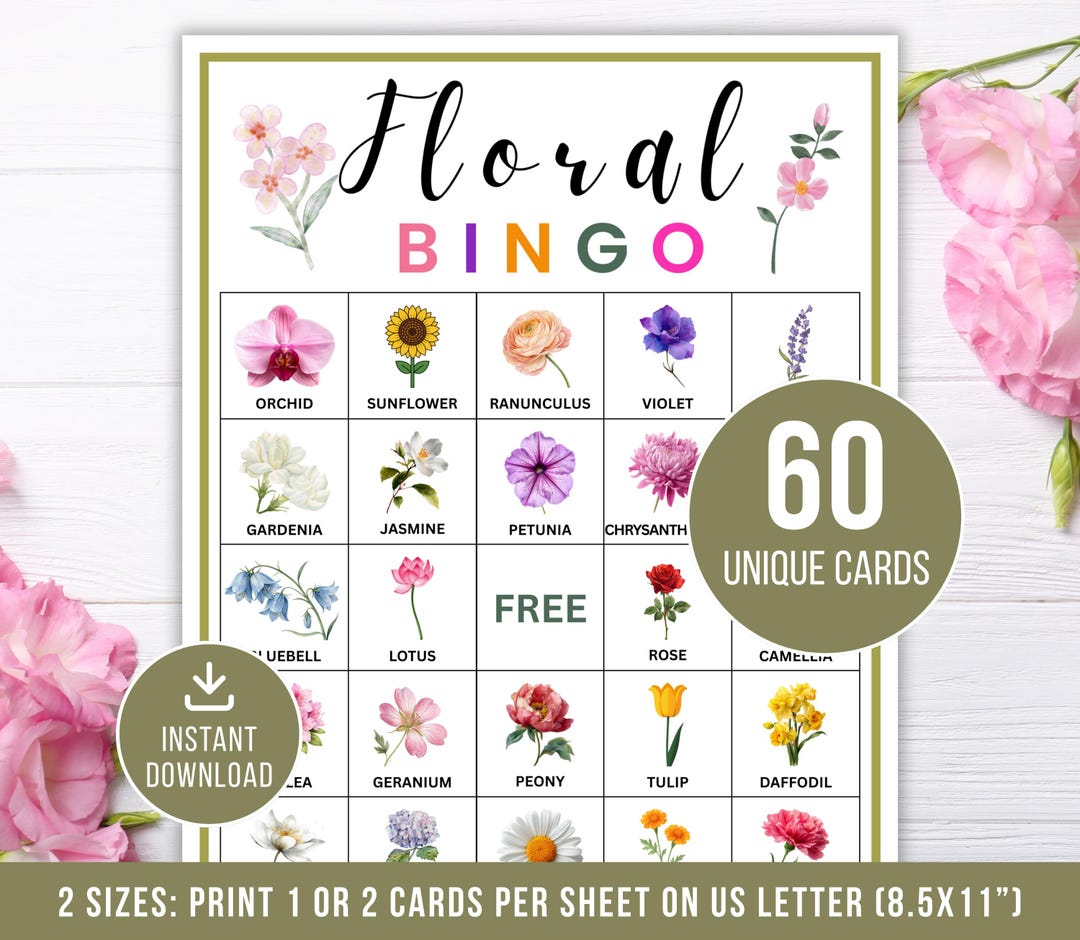 Floral Bingo Cards, 60 Flower Bingo Cards, Printable Bingo, Kids Bingo ...