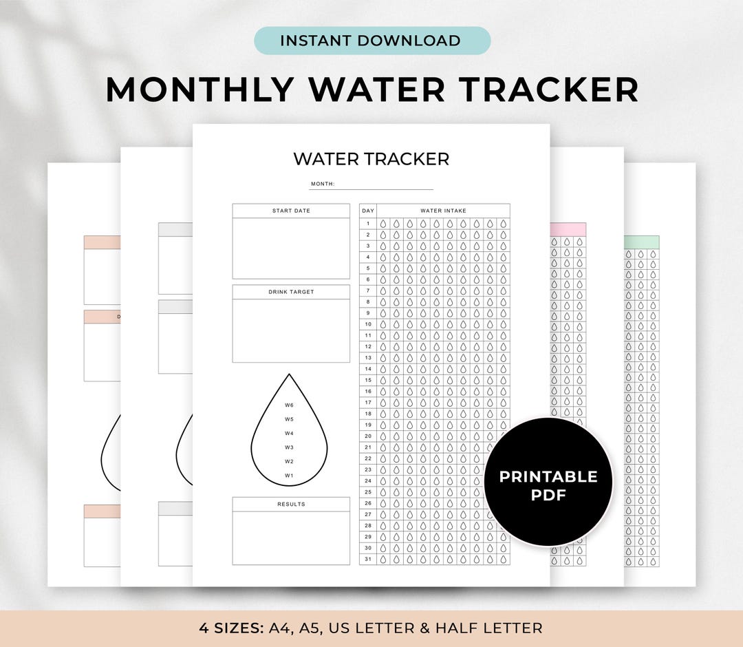 Monthly Water Tracker Printable, Water Log, 31 Day Water Challenge ...
