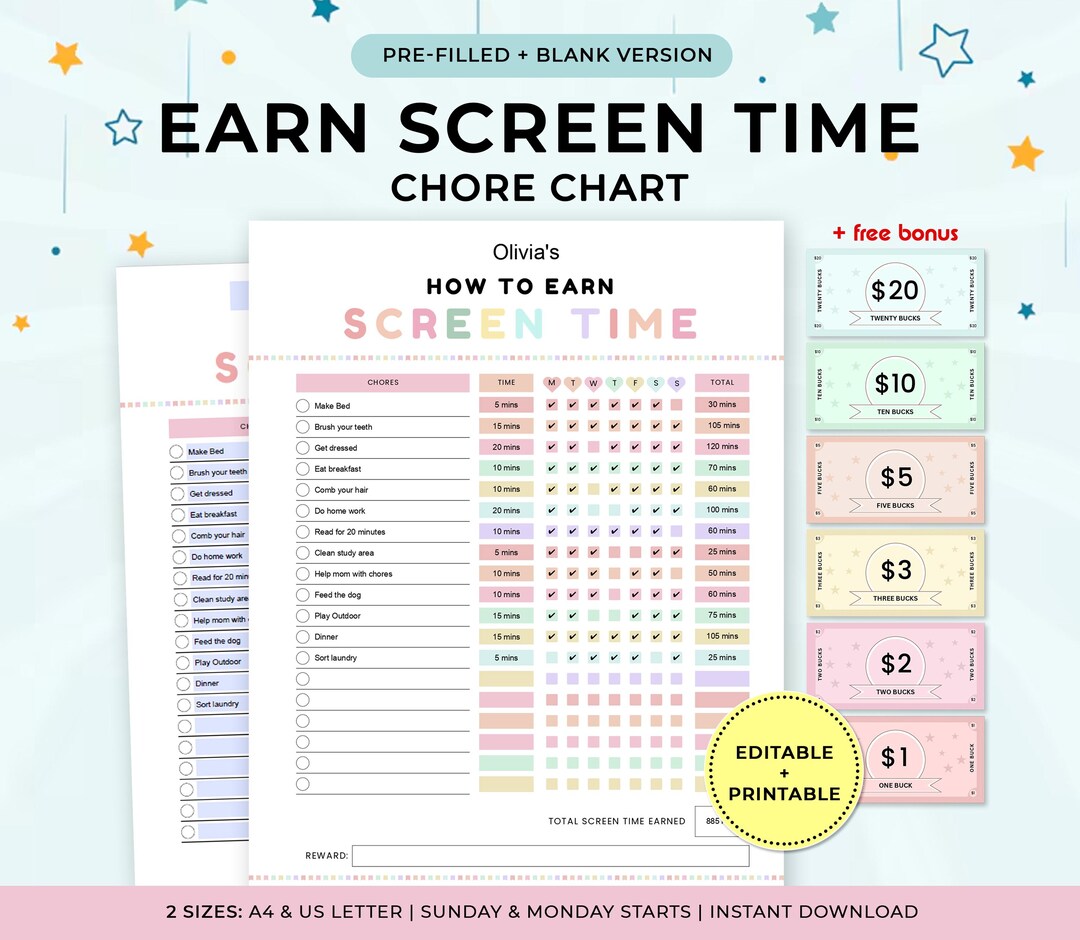 Kids Screen Time Chart, Editable Reward Chart, Screen Time Chore Chart ...
