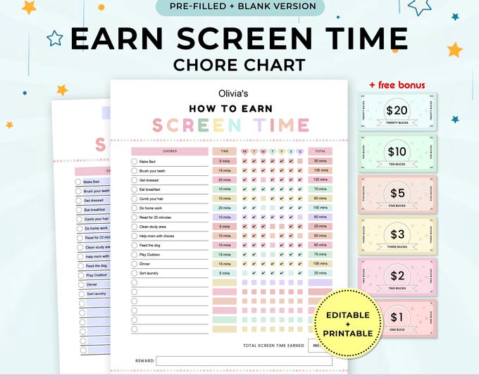 Editable Screen Time Chart, Printable Screen Reward Bucks, Reward Chart ...