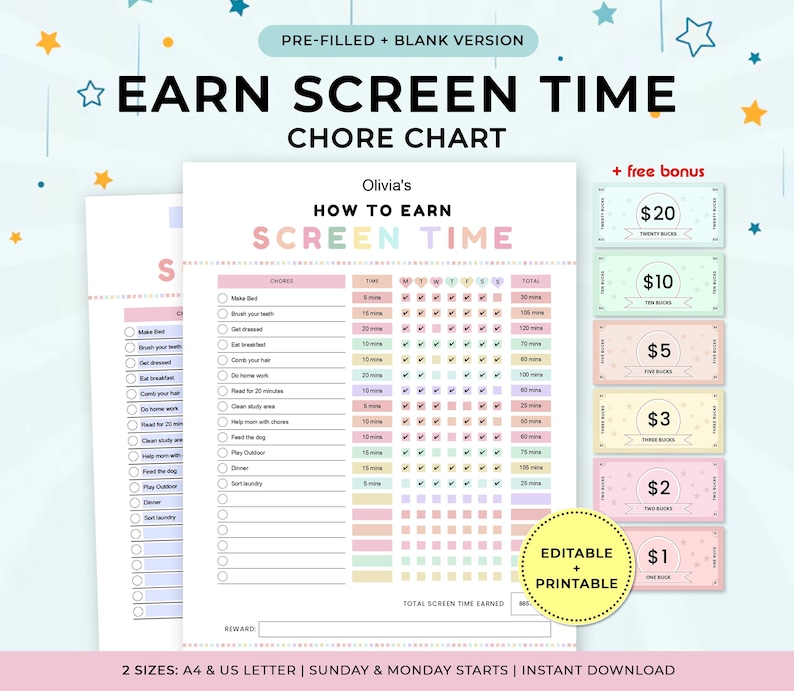 Kids Screen Time Chart, Editable Reward Chart, Screen Time Chore Chart ...