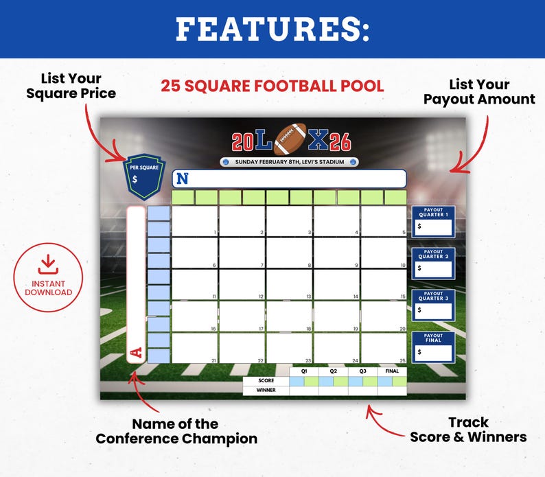2026 Football Squares Template | 25 Football Squares Grid Pool, Big ...