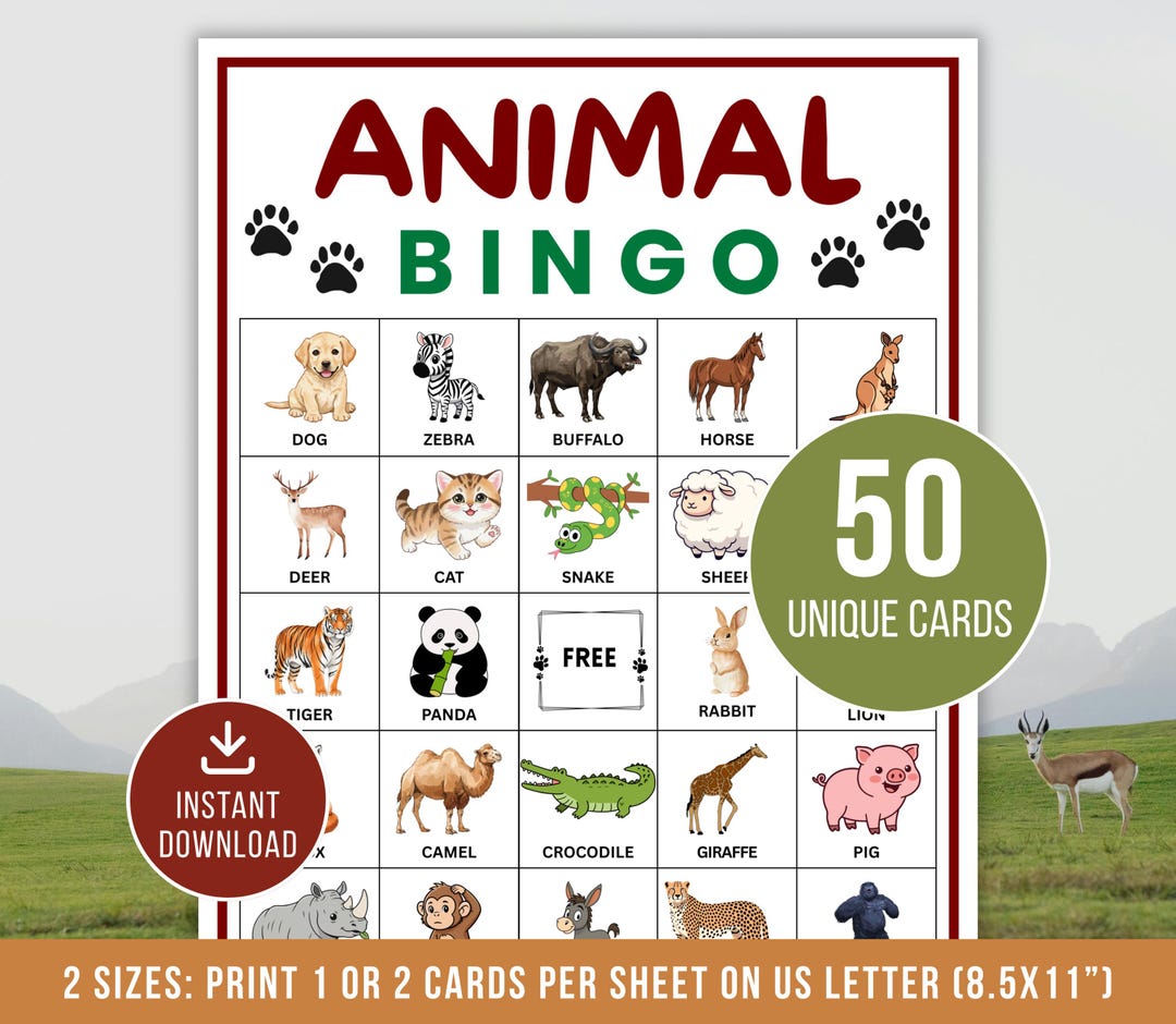 Animal Bingo, 50 Printable Animal Bingo Cards, Animal Birthday Bingo ...