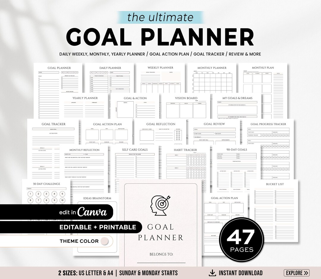 Editable Goal Planner Bundle, Printable Goals Tracker, Smart Goal ...