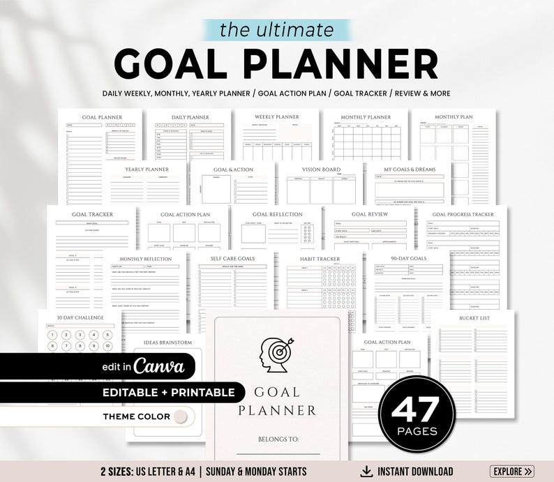 Editable Goal Planner Bundle, Printable Goals Tracker, Smart Goal ...