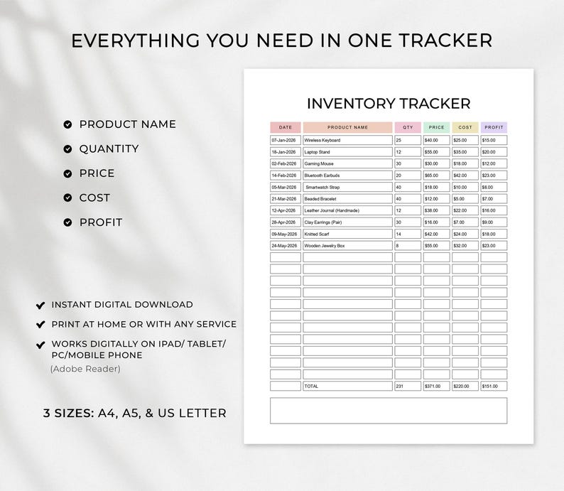 Editable Inventory Tracker, Business Product Inventory List, Inventory Management Form ...