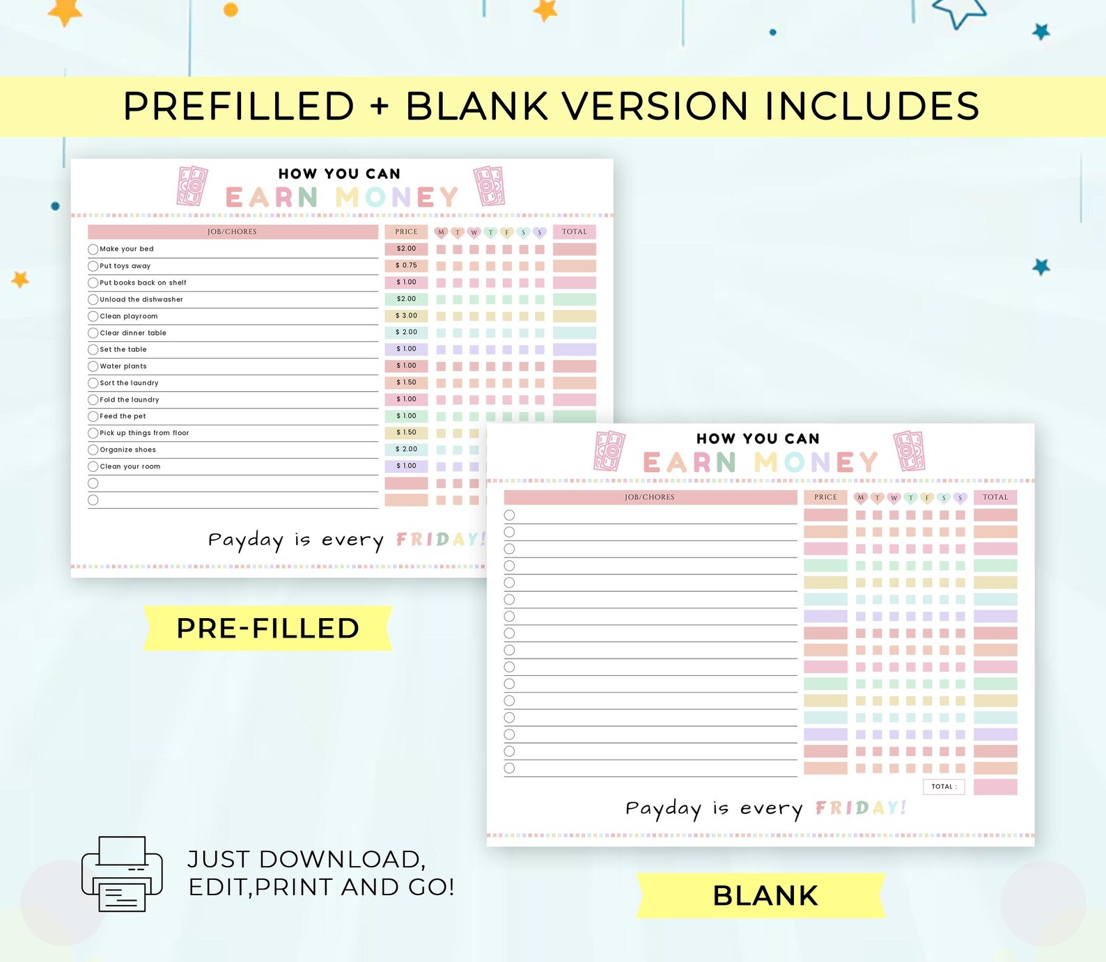 EDITABLE Allowance Tracker Kids, Printable Earn Money Chart, Daily ...