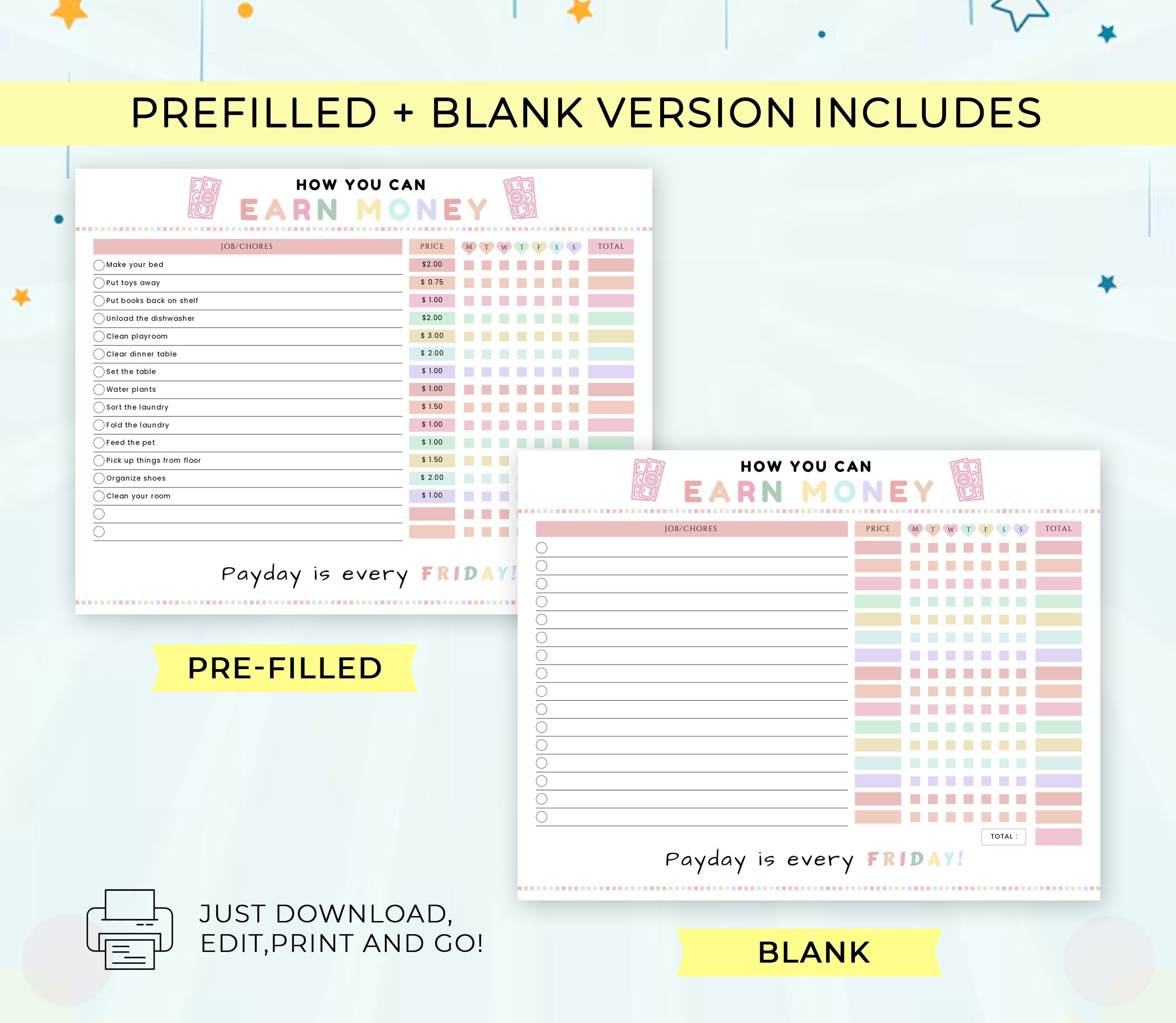 EDITABLE Allowance Tracker Kids, Printable Earn Money Chart, Daily ...